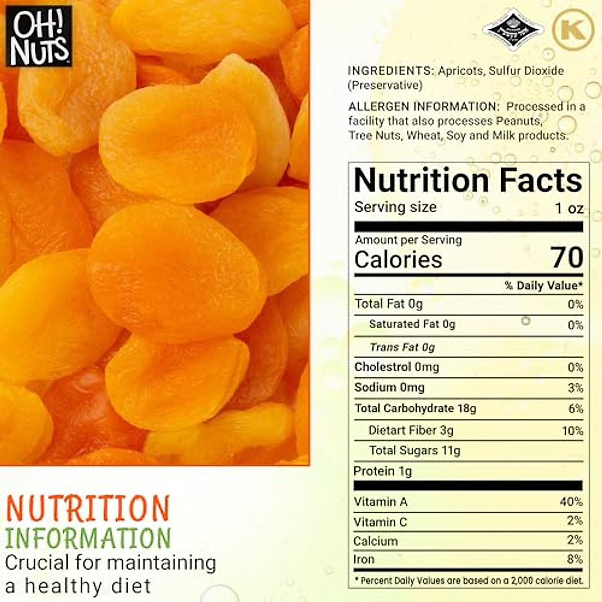 Oh! Nuts Dried Turkish Apricots - 2 LB Bulk | Fresh Dehydrated Natural Apricots, Sundried Unsweetened Dried Fruit for Snacking & Baking | No Sugar Added, All Natural, Non-GMO, Gluten-Free