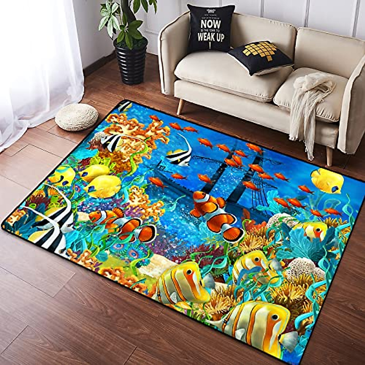 Blue Dolphin Ocean Cute Animal Theme Print Area Rug Non Slip Floor Mat Absorbent Carpet Living Room Bedroom Sofa Indoor Outdoor Nursery Rugs Décor (Ocean-3, 39.4" x 62.9"(100cmX160cmX1.2cm))