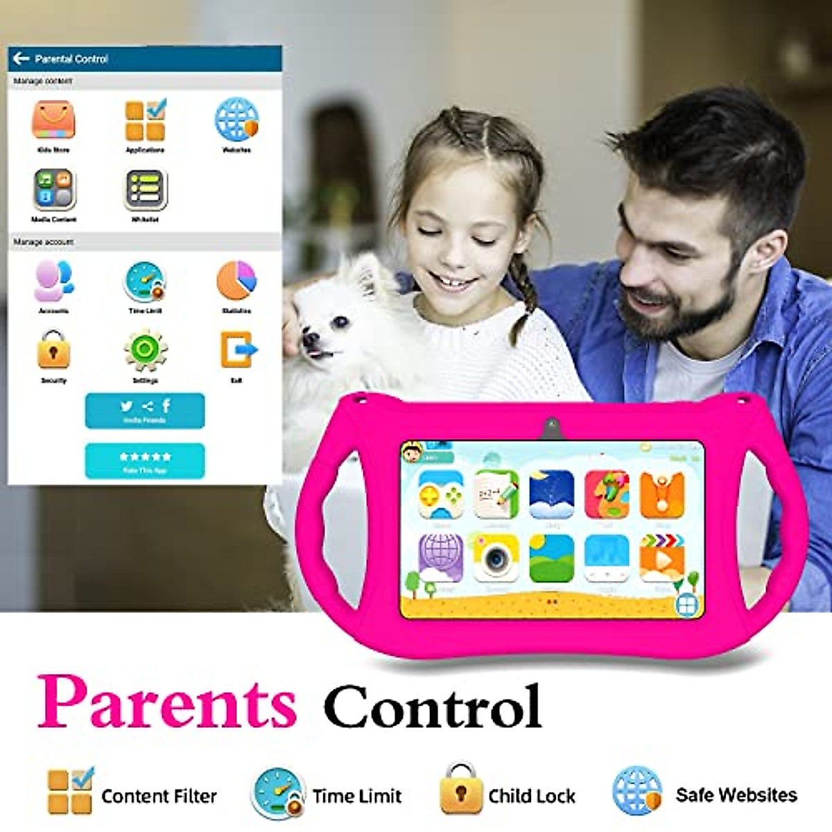 Kids, Toddler Android 11.0 Tablet with WiFi, Bluetooth, GMS, Dual Camera, Parental Control, Shockproof Case, Google Play for YouTube, Netflix, 3GB RAM 32GB ROM,7 inch