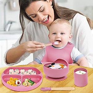 Silicone Baby Feeding Set|6 pcs Premium BPA-Free Baby Led Weaning Supplies with Suction Plates and Bowls Set,toddler self feeding Utensils with Spoons,Bibs,Cups|Baby feeding essentials for 6+ Months