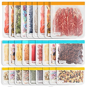 KITHELP 27 Pack Reusable Storage Bags BPA Free, Leak-proof Freezer Bags (9 Reusable Gallon Bags + 9 Reusable Sandwich Bags + 9 Reusable Snack Bags) Washable Eco-Friendly Lunch Bags