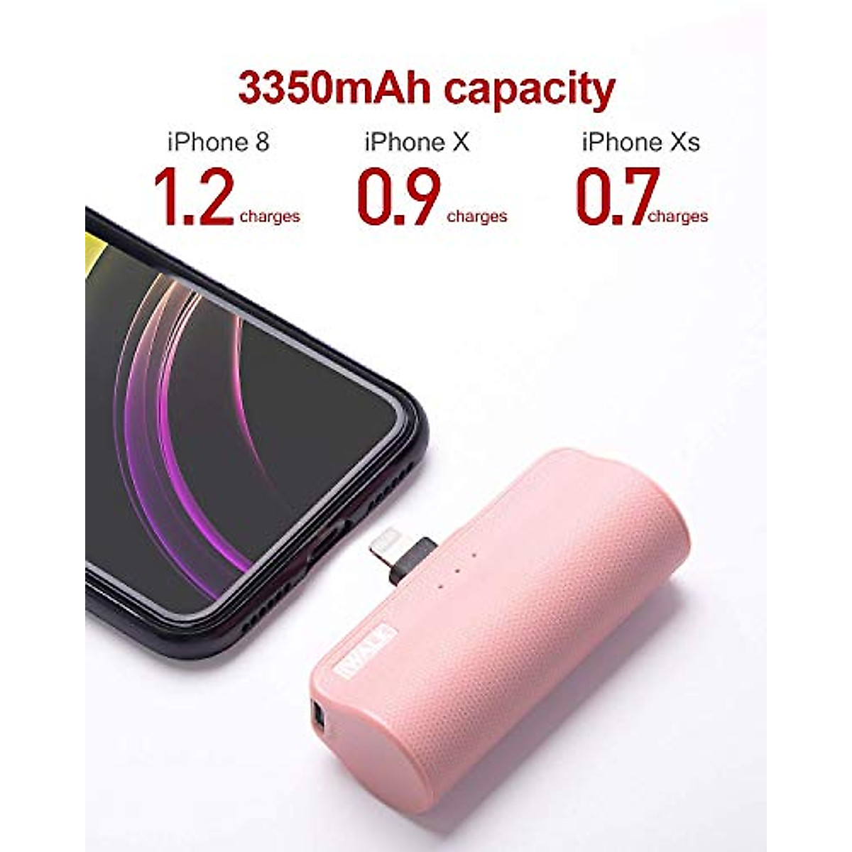 iWALK Mini Portable Charger for iPhone with Built in Cable, 3350mAh Compatible with iPhone 11 pro/Xs/XS Max/XR/X/8/7/6/Plus Airpods(2 Pack Pink and White)