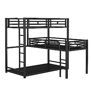 GINGVAT L-Shaped Metal Triple Twin Size Bunk Bed with 2 Built-in Ladder, Loft Bedframe and Safety Guardrails, Modern Style Bedroom Furniture for Children/Teenagers, Black