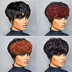 Evasens Pixie Cut Wig Human Hair Wigs for Black Women Short Wigs for Black Women Pixie wig with Bangs Full Machine Made Wig Glueless Wig Natural Wavy Wigs for Women