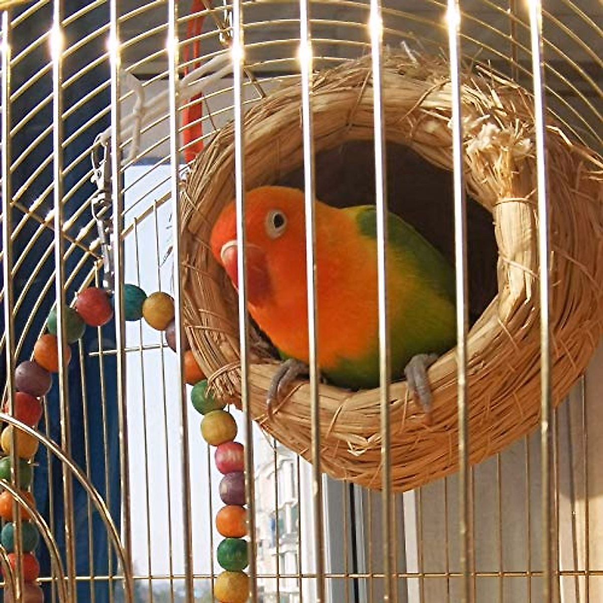 kathson Straw Bird Nest Natural Fiber Birdcage Birdhouse Parrot Hideaway Shelter Hut Parakeet Perch Hanging Bell Toys for Small Finch Canary Lovebird Resting Breeding Playing 4PCS
