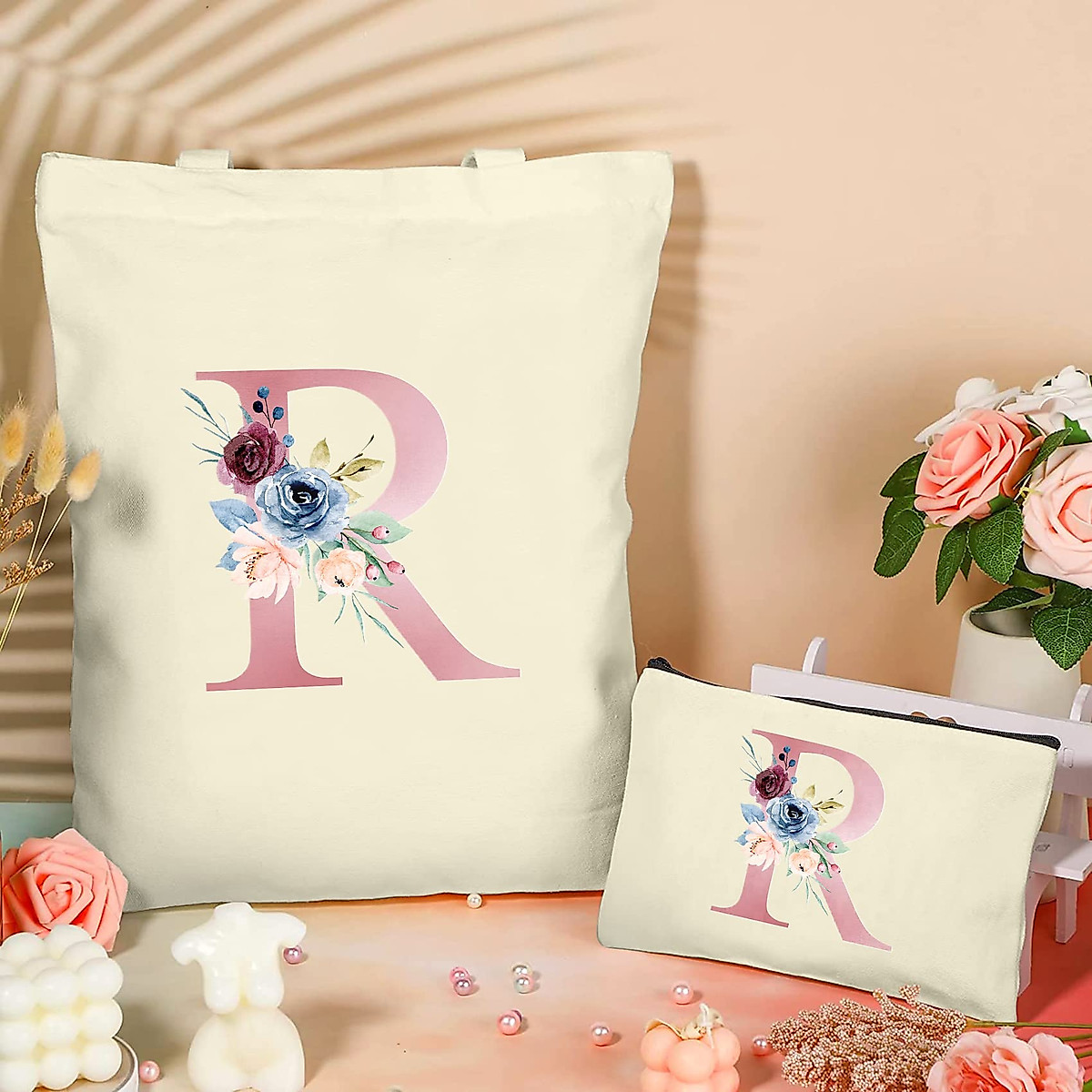 Binggemen Initial Canvas Tote Bag with Zipper Pockets,Personalized Totes for Women Bridesmaids Teacher,Cosmetic Makeup Bag,Monogrammed Gifts for Wedding Birthday (Letter R)