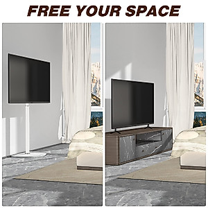 Universal Corner TV Floor Stand with Swivel Mount for 32-65 inch LED LCD Plasma Flat Panel or Curved Screen TVs, Mid Century Modern TV Stand with Height Adjustable and Semi Circular Glass Base, White