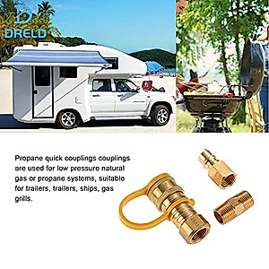DRELD 3/8 Inch Natural Gas Quick Connect Fittings, LP Gas Propane Hose Quick Disconnect Kit, 3/8” Male Pipe NPT Thread x 3/8” Female Pipe Thread Natural and Propane Gas Hose Plug Solid Brass