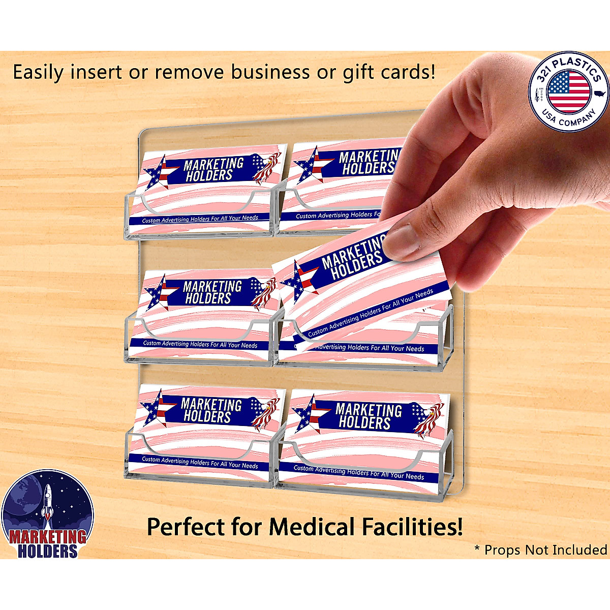 Marketing Holders Wall Business Card Holder with Hanging Hardware for 3.5" x 2" Horizontal Gift or Appointment Cards 6 Pocket Clear Acrylic Take One ID Badge Display Rack