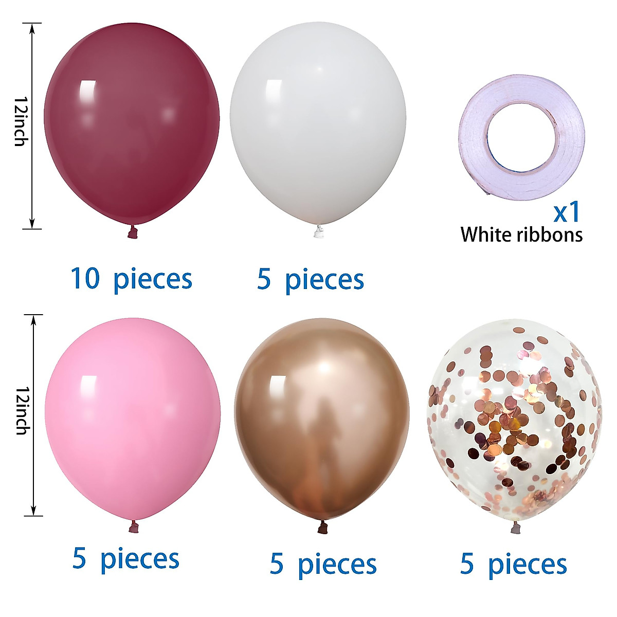 MOXMAY 12 Inch 30 Pack White Pink Champagne Rose Red Gold Confetti Balloons Garland Arch Kit Chrome Metallic Balloons for Graduation Birthday Wedding Shower Party
