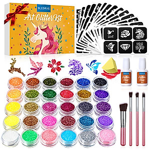 Glitter Tattoo Kit, Bledras 30 Colors Temporary Tattoo Set for Girls, 147 Stencils, 4 Brushes, 2 Glue, Glitter Tattoos for Kids or Adults, Gift for Girls Boys, Carnival Birthday Festival Party