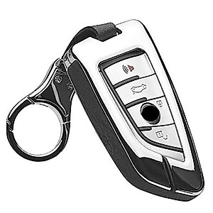 ontto Metal Leather Key Fob Cover with Keychain Key Protector Holder Jacket Skin Keyless Fit for BMW 1 2 5 7 M Series X1 X5 X6 Black