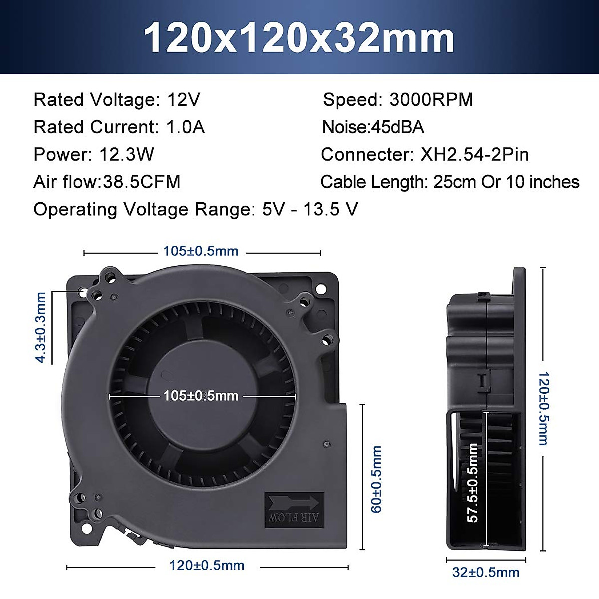 Wathai Brushless Cooling Blower Fan 120mm x 32mm 12V High Airflow DC Centrifugal Fan For Radiator