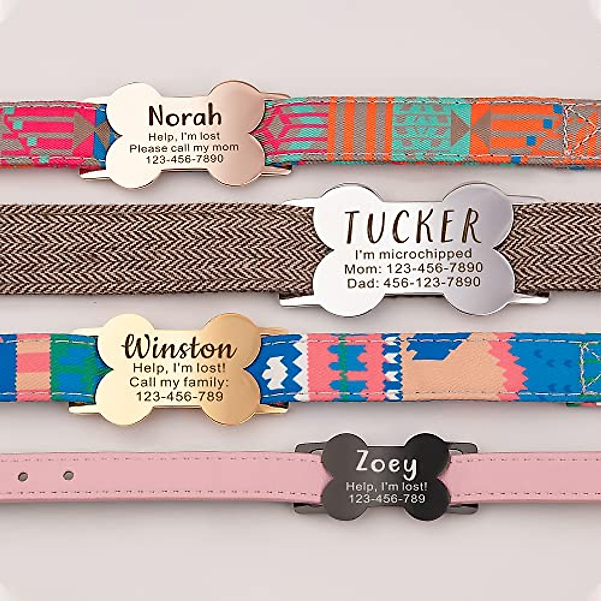 Anavia Bone Shape Slide On Silent Pet ID Tags, S/M/L/XL Gold Black Personalized Engraved Cat Dog Name Tags, Glossy Finish Stainless Steel Chew-Proof Quiet Dog Collar Tag