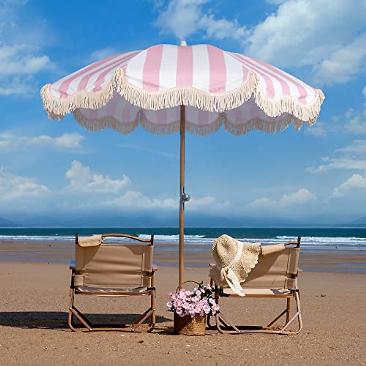 Funsite 6.5ft Boho Beach Umbrella with Fringe, UPF 50+ Tassel Umbrellas with Carry Bag, Premium Wood Pole Foldable Patio Umbrella for Outdoor Holiday Garden Lawn Pool Yard Table, Pink Stripe