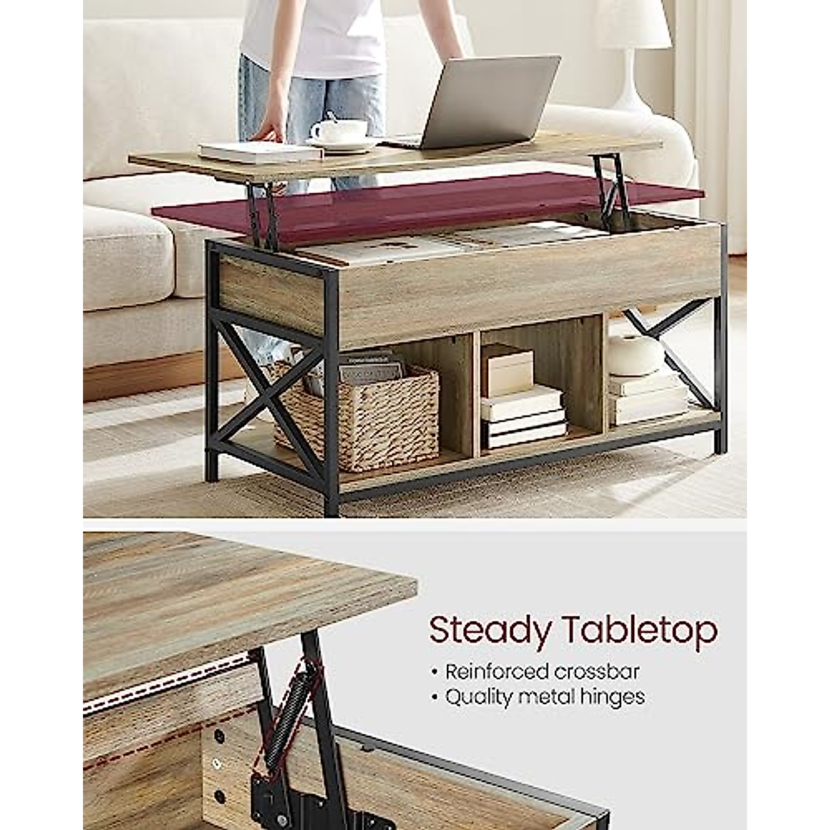 VASAGLE Lift Top Coffee Table for Living Room, Industrial Coffee Table with Hidden Compartments and Storage Shelf, Steel Frame, 19.7 x 39.4 x (19.3-24.4) Inches, Oak with Blue Grains ULCT202B60