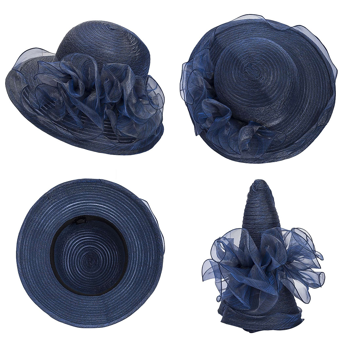 Women Organza Sun-Hats Wide-Brim Church-Hats for Tea Party Bridal Wedding Dress Hat Navy