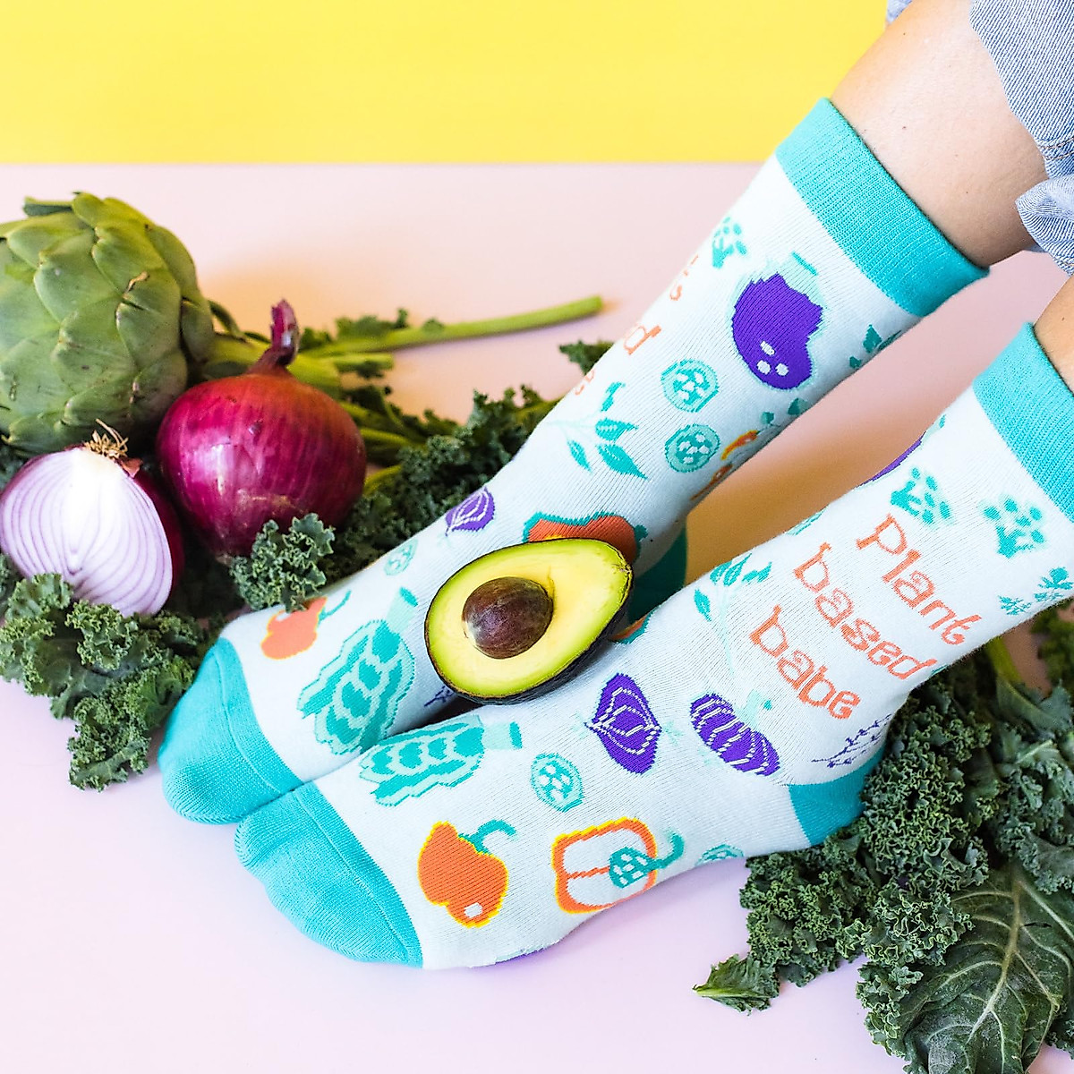 Lavley Funny Novelty Socks for Women - Unisex One Size Fits Most - Gifts for Her, Moms, Grandmas and More (US, Alpha, One Size, Regular, Regular, Plant-based Babe)