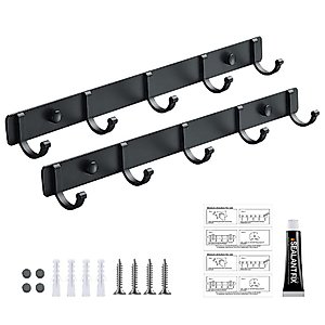 ROZZWILD Hook Rack 5 Hooks Wall Mounted Set of 2 Adhesive & Screw in Heavy Duty Aluminum Alloy Coat Rack Bag Hanging Holder Hat Bracket Key Hanger Towel Rack for Entryway Kitchen Bathroom Laundry