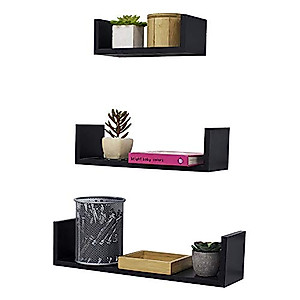 Home Basics Highly Durable Wall Mount Floating Wood Shelf Set of 3 for Livingroom, Bedroom, Bathroom, Kitchen, Trendy Modern Home Décor Organization (BLACK)