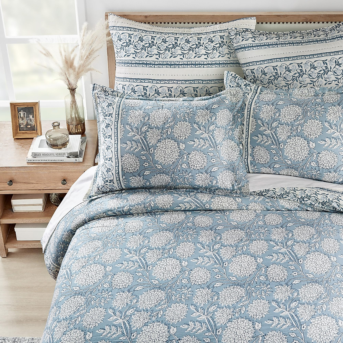 Levtex Home - Adare Blue Duvet Cover Set - King Duvet Cover + Two King Pillow Cases - Bordered Floral - Blue, Navy and White - Duvet Cover (106 x 94in.) and Pillow Case (36 x 20in.) - Cotton