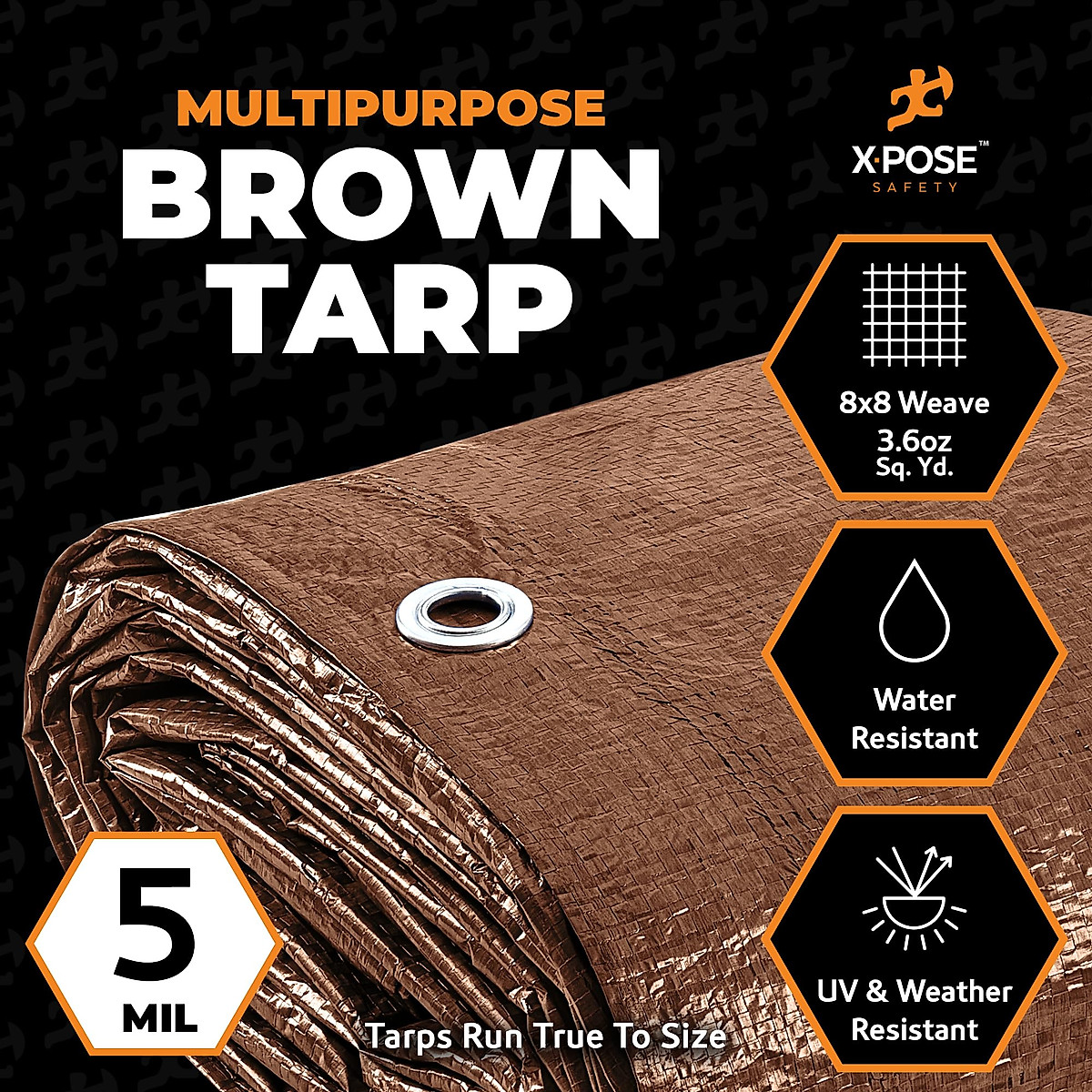 Multipurpose Protective Cover Brown Poly Tarp 6' x 8' - Durable, Water Resistant, Weather Resistant - 5 Mil Thick Polyethylene - by Xpose Safety