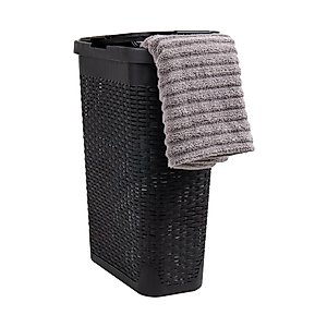 Mind Reader 40L Slim Laundry Hamper, Clothes Basket, Lid, Wicker Design, Plastic, 18"L x 10.4"W x 23.5"H, Black
