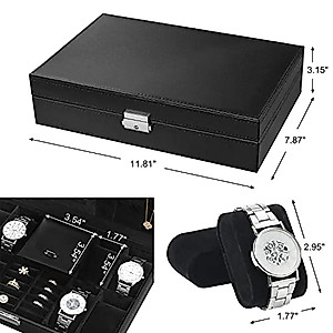 BASTUO Jewelry Box 8 Watch Display Case Organizer Jewelry Trey Storage Box PU Leather with Mirror and Lock， Black with Black Lining
