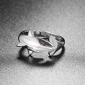 NewZenro Shark Red CZ Eye Open Adjustable Statement Wrap Rings For Women Men Sterling Silver Plated Band Finger Animal Personalized Fashion Punk Ring Jewelry Gifts Daughter Birthday