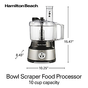 Hamilton Beach Food Processor & Vegetable Chopper for Slicing, Shredding, Mincing, and Puree, 10 Cups - Bowl Scraper, Stainless Steel