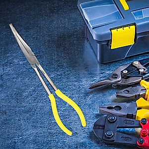 BQKKWIN 11 Inch Long Reach Long Nose Pliers | Designed for Mechanics, Technicians, and Contractors | Work with Delicate or Difficult-to-Reach Pieces | Milled-Jaws | Steel “45 Degree Bent Nose Plier