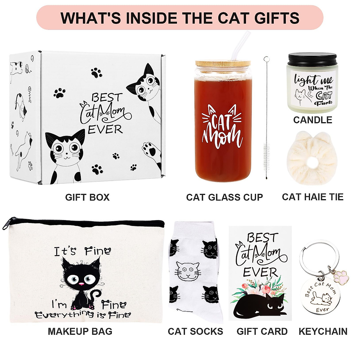 LiYiQ Cat Lover Gifts for Women, Cat Mom Gifts, Cat gifts for Cat Mom Crazy Cat Lady including Makeup Bag Socks Scrunchies Greeting Cards Be suitable for Birthday Mothers Day