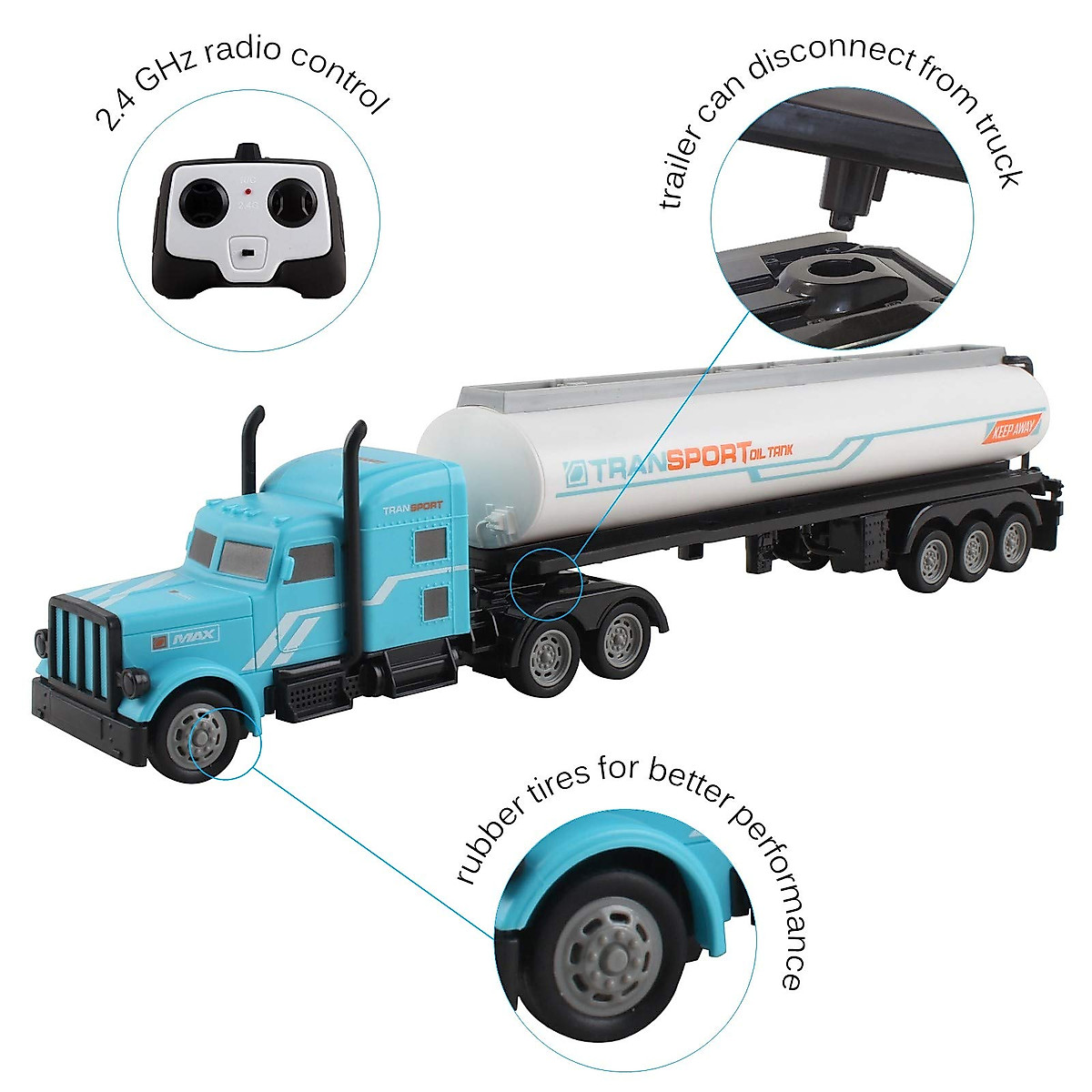 Vokodo RC Semi Truck and Trailer 18 Inch 2.4Ghz Fast Speed 1:16 Scale Rechargeable Battery Remote Control Tractor Tanker Hauler Car Big Rig 18 Wheeler Toy for 3 4 5 6 7 8 Year Boys Kids (Aqua Blue)