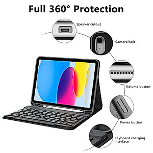 COO Keyboard Case Compatible with ipad 10th Generation (2022), Wireless Detachable Keyboard with Premium Protective Cover with Pencil Holder for Apple iPad 2022 10.9 Inch Black