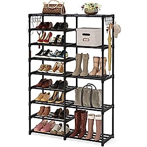 Tribesigns 9 Tiers Shoe Rack, 28-32 Pairs Large Separable Shoe Organzier 9-Tier +5-Tier Metal Boot Shelf with Side Hooks Shoe Tower Space Saving Shoe Storage Cabinet for Entryway Room Organization