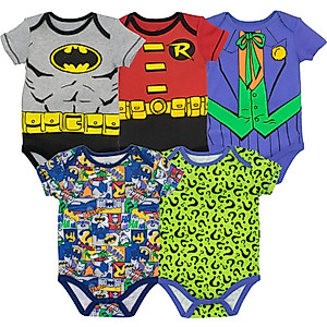 WARNER BROS DC Comics Justice League Batman Joker Riddler Newborn Baby Boys 5 Pack Short Sleeve Bodysuits Superheroes 3-6 Months