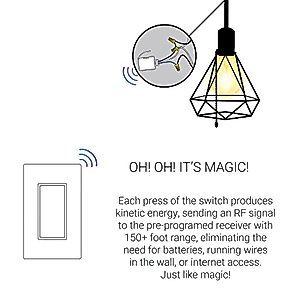RunLessWire - The Original Self-Powered (NO Batteries) Wireless Light Switch & Receiver Kit, No WiFi Needed, DIY, Remote 150+ft RF Range - Basic: 1 Receiver, 1 Switch - White
