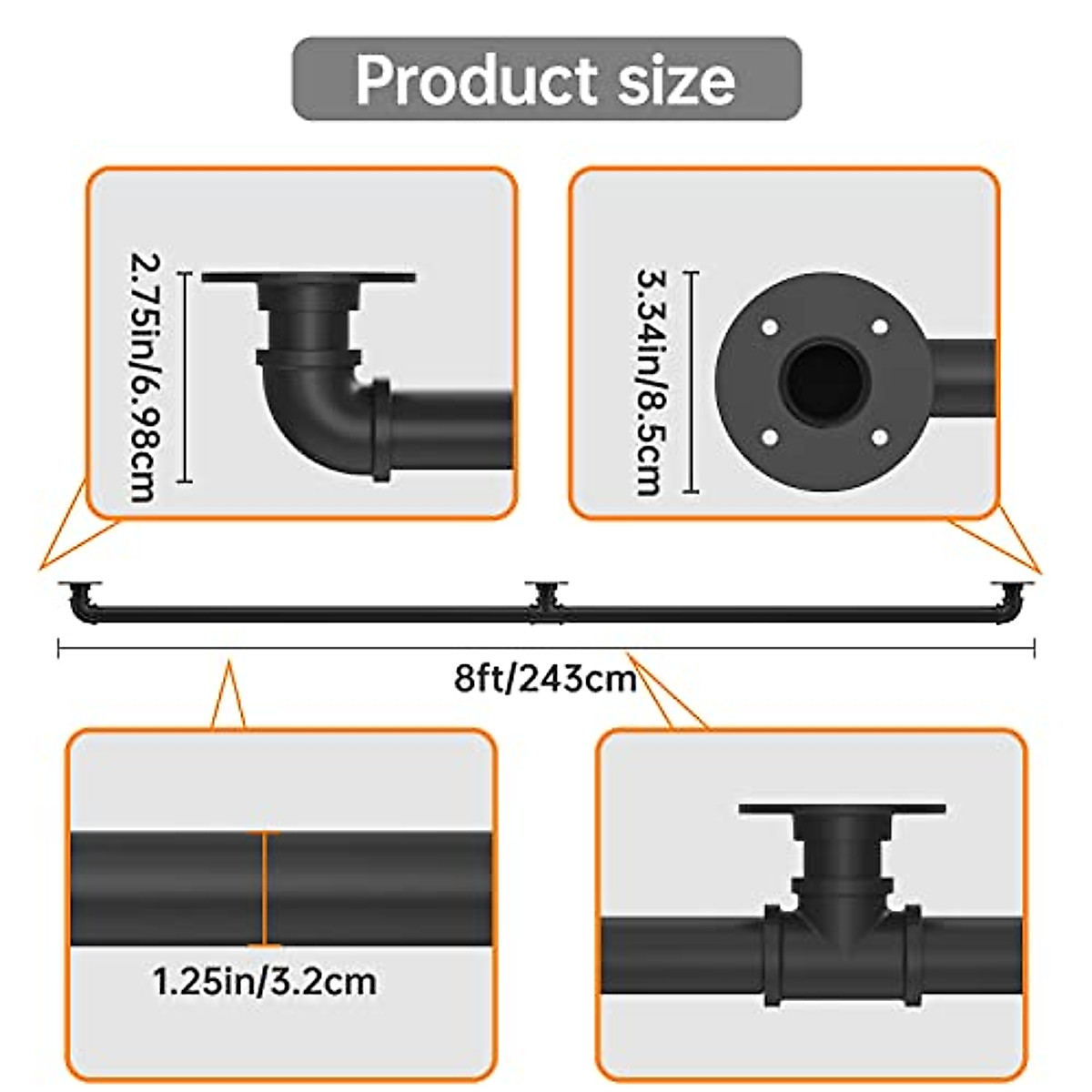 OKYMRO 8Feet Industrial Pipe Stair Handrail，Staircase handrail for Outdoor and Indoor Stairs Loft Porch HandRail ，Bathtub Grab Bars Handrails, (Rustic/Matte Black),Easy for Installation，Modern Look