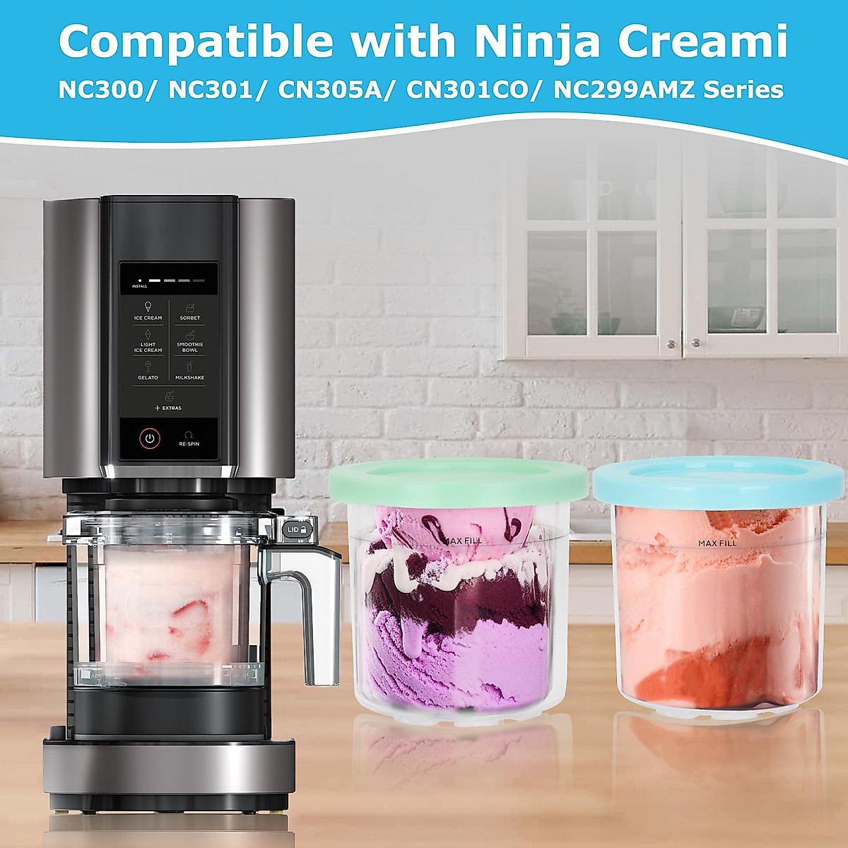 Soobool For Ninja Creami Pints and Lids - 2 Pack, Compatible with Ninja NC301, NC300, NC299AMZ Series Ice Cream Makers, 16 OZ for Ninja Creami Containers Dishwasher Safe (Blue Green)