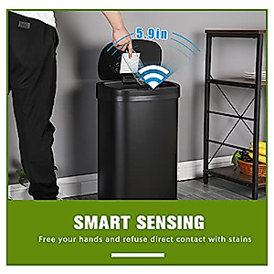 Stainless Steel Kitchen Trash Can Bathroom Bedroom Office Waste Bin with Lid Automatic Sensor Touch Free Garbage Can 13 Gallon / 50L,Black