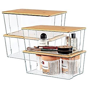 Hudgan Clear Storage Bins with Bamboo Lids, Medicine Cabinet Organizer Stackable Storage Containers with Lids for Pantry Organizers and Storage - 4 Pack