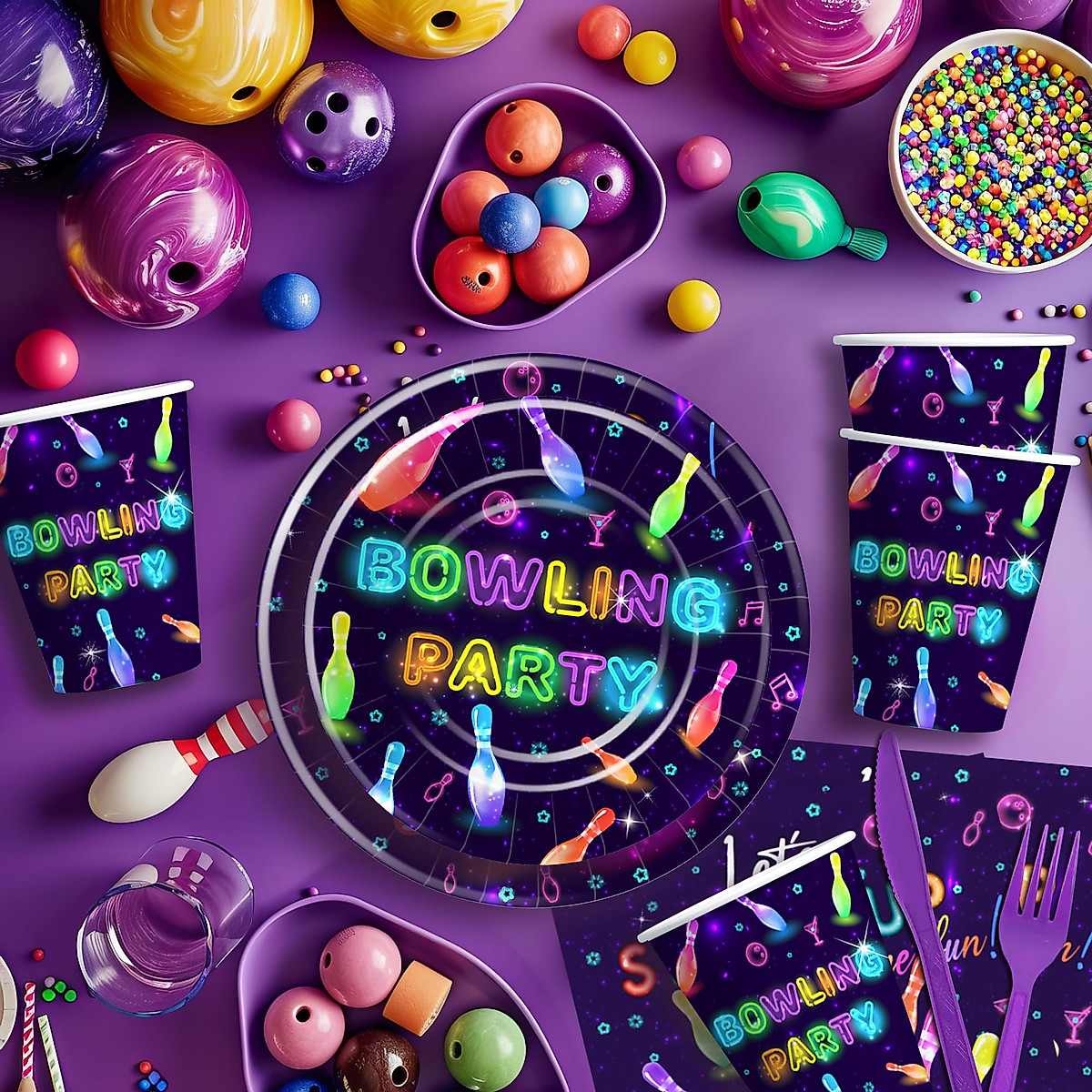 YJRJSC Bowling Birthday Party Supplies - Bowling Party Decorations Tableware, Paper Plate, Cup, Napkin, Fork, Strike Up Some Fun Bowling Ball Birthday Baby Shower Decorations Dinnerware | Serve 24