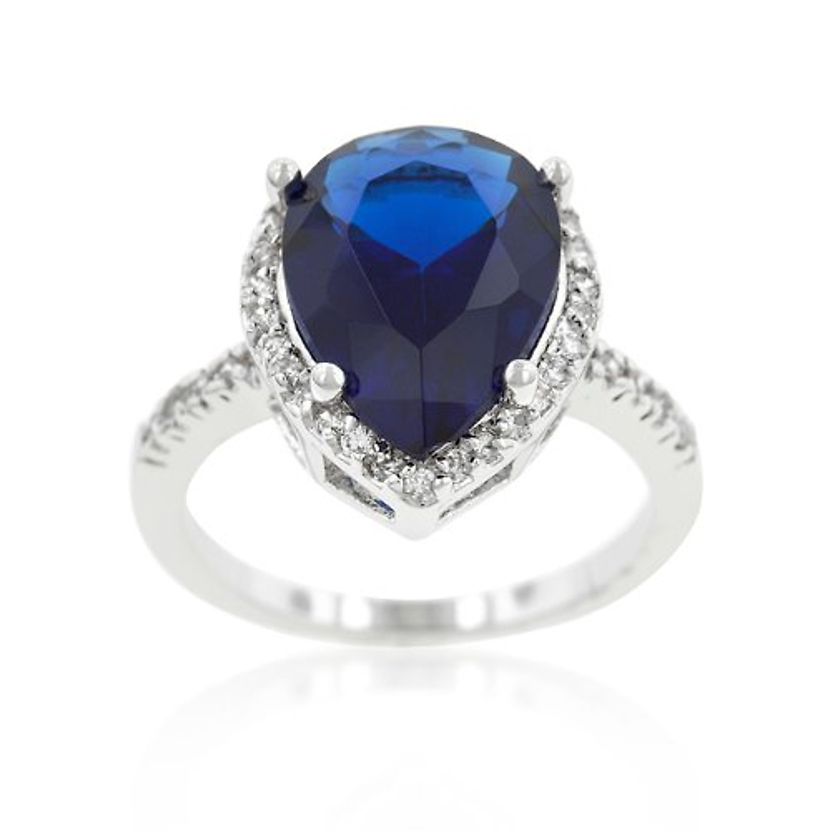 Kate Bissett Genuine Rhodium Plated Sapphire Blue Ring with Pear Shape Sapphire Blue Cubic Zirconia Size 7