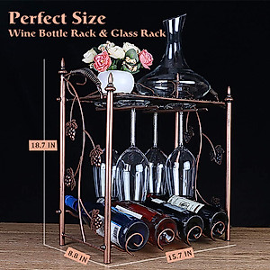 SILKSEA Countertop Wine Rack Freestanding with Wine Glass Rack Metal Wine Holder Storage Stand Organizer for Home Kitchen Décor, Cabinet, Bar, Tabletop Wine Racks Hold 4 Bottle and 6 Glasses, Copper