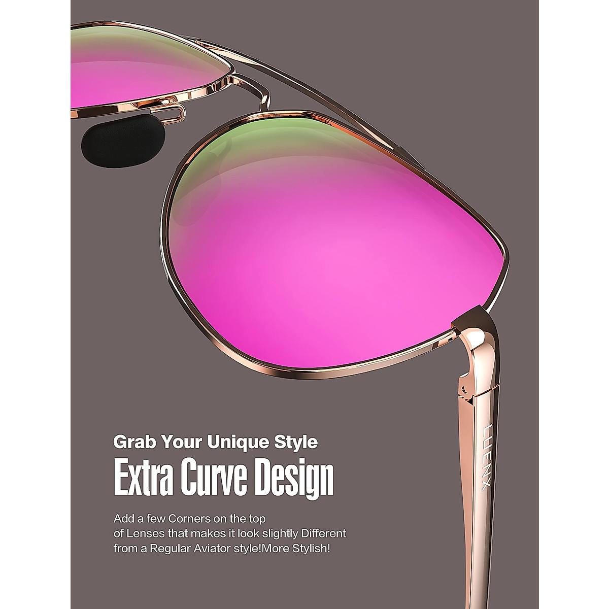 LUENX Women Aviator Sunglasses Polarized Shades Flexible Spring Hinge - Rose red Mirror Lens Rose Gold Metal Frame 60mm