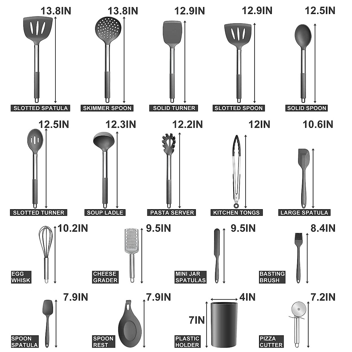 Silicone Kitchen Utensils Set, E-far 30-Piece Cooking Utensils Set with Holder, Heat Resistant Kitchen Spatulas Turner Tong Spoon Whisk Ladle for Nonstick Cookware, Stainless Steel Handle (Gray)