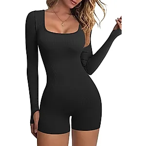 TOB Women's Yoga Rompers Workout Ribbed Long Sleeve Square Neck Sport Jumpsuits Rompers Black