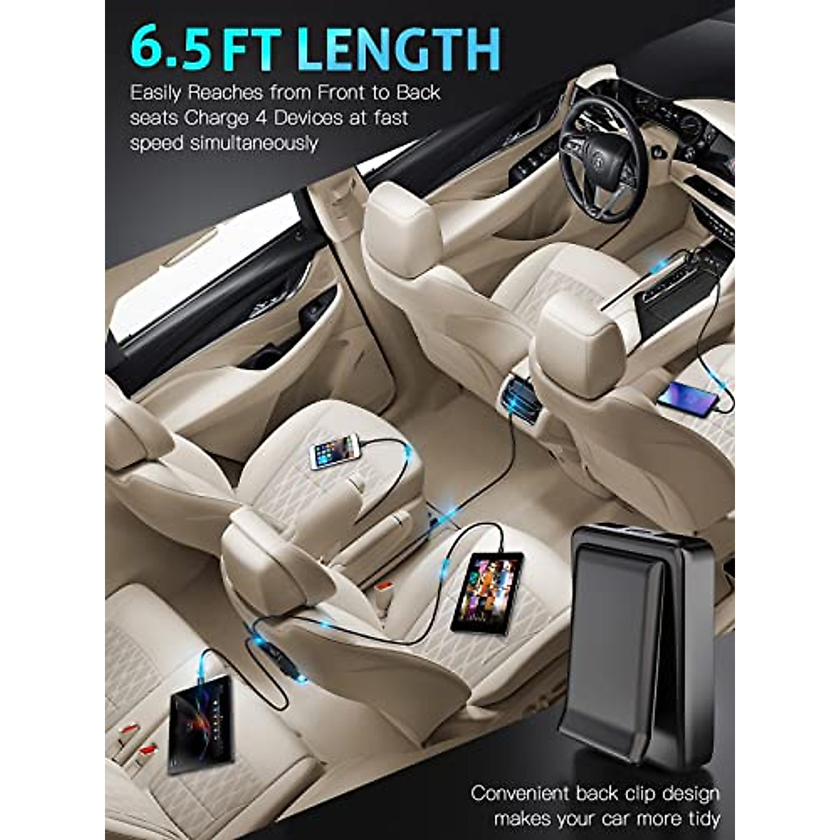 USB C Car Charger，SUMKUMY 74W Fast Car Phone Charger PD&QC3.0 with 6.5ft Cable for Back Seat Charging，4 Multi Ports Cigarette Lighter Adapter for iPhone 13/12/11，Samsung Galaxy S22/21，Google Pixel