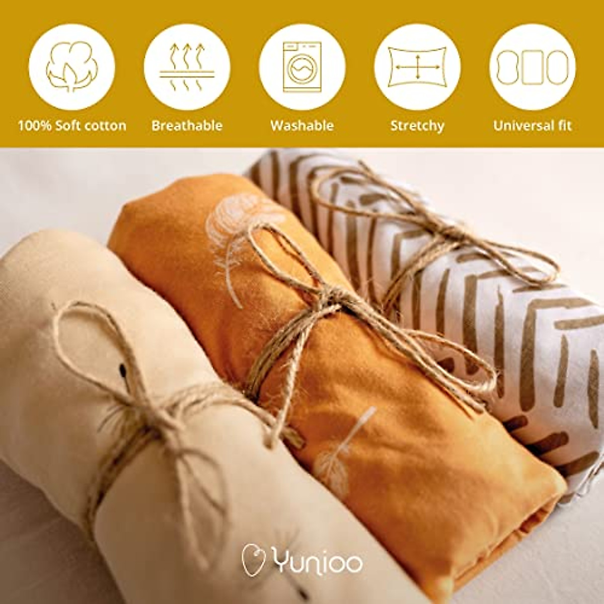 Yunioo 3-Pack Fitted Bassinet Sheets for Changing pad, Baby Changing Basket, Moses Basket, Cradle, Crib and co-Sleeper. 100% Cotton Jersey to fit Oval, Rectangle and Hourglass Mattress Pads.