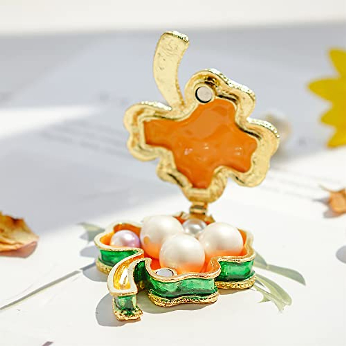 YU FENG Four Leaf Clover Trinket Boxes Hinged Jeweled Enameled Decorative Flower Jewelry Ring Holder Box Collectible